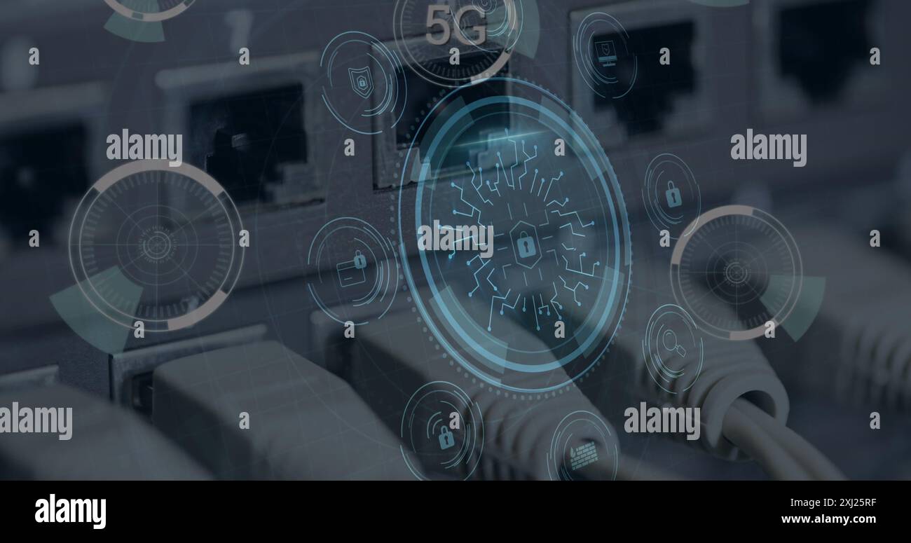 Image of circuit board pattern and padlocks in shield and icons, 5g ...