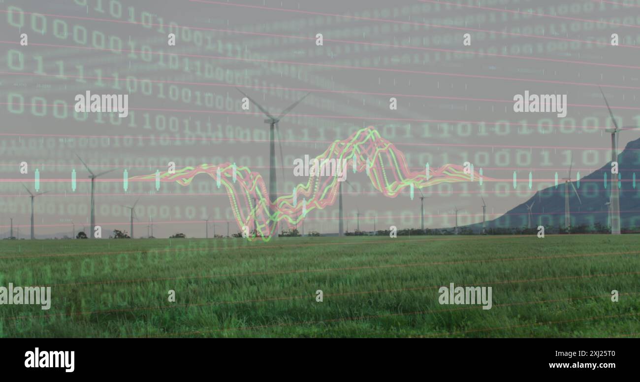 Image of binary coding and against spinning windmills on grassland. Computer interface and ...