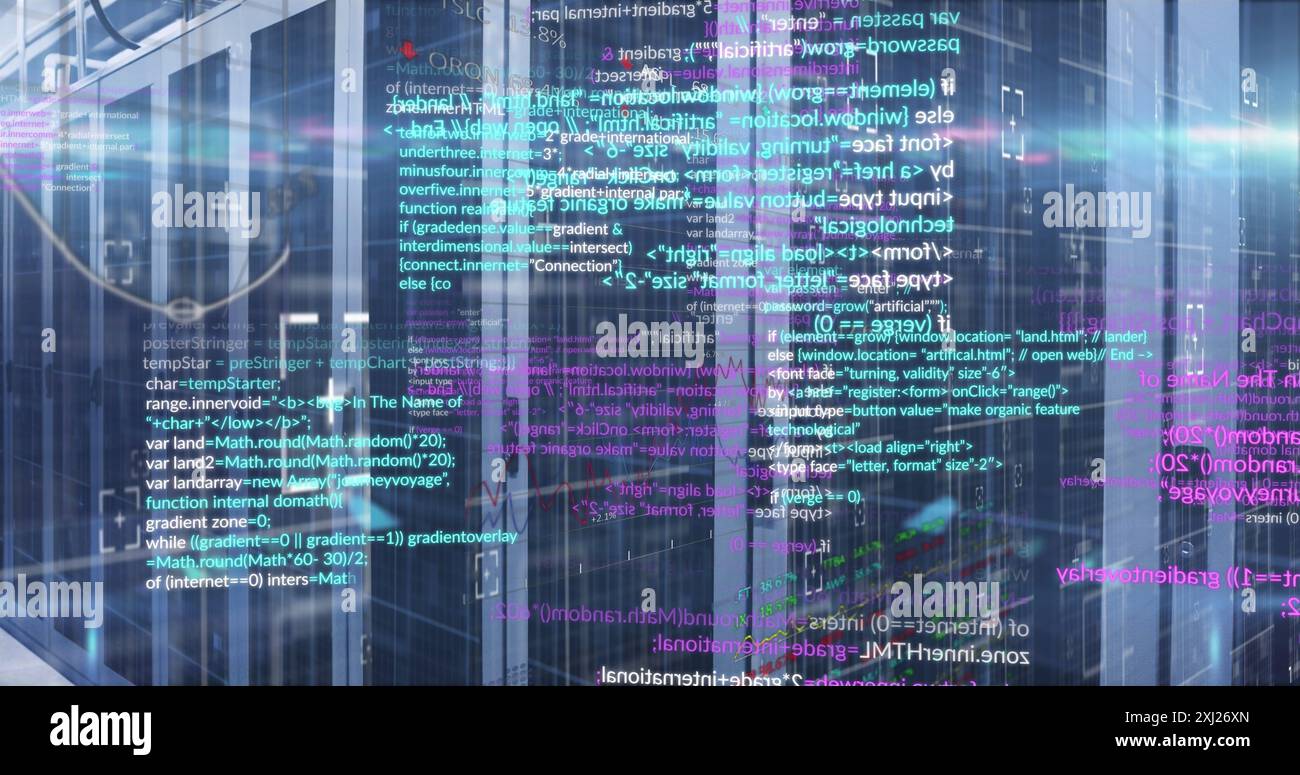 Image of data processing and light spots against empty computer server room. Computer interface ...