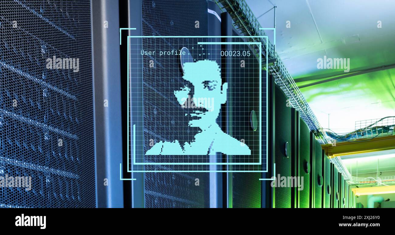 Image of multiple profile icons against empty computer server room. Global networking and ...