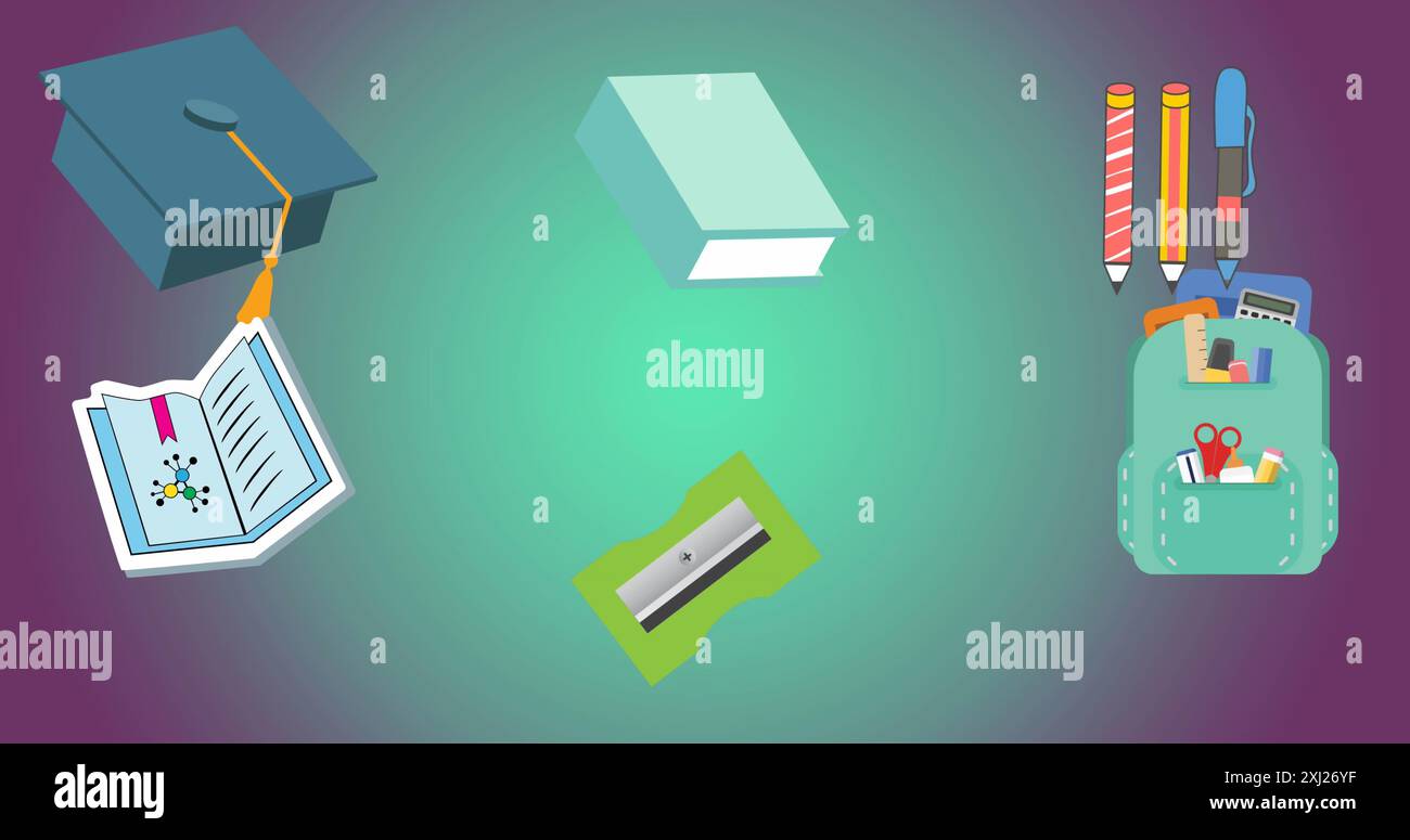 Image of multiple school concept icons against copy space on purple ...