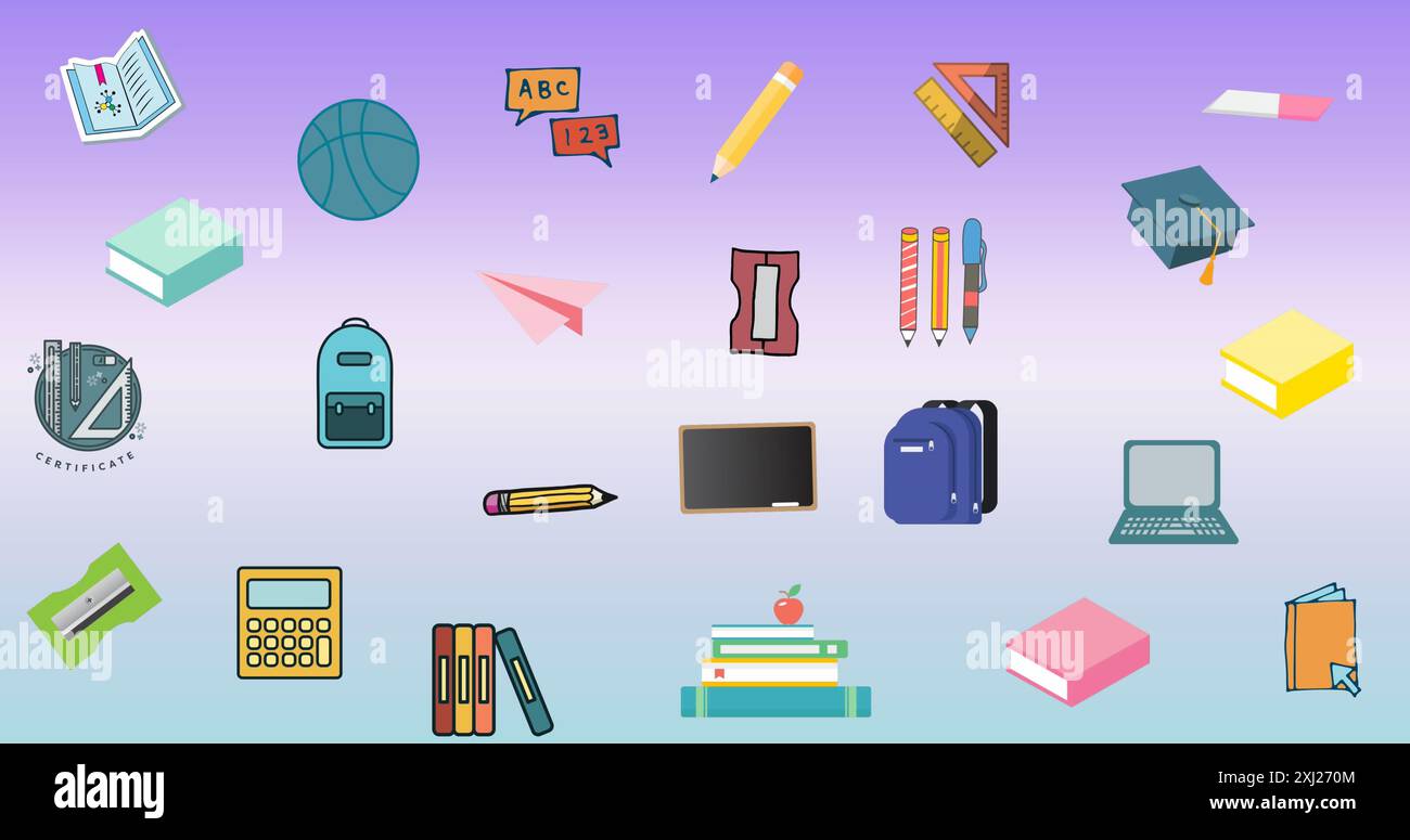 Image of multiple school concept icons against copy space on purple ...