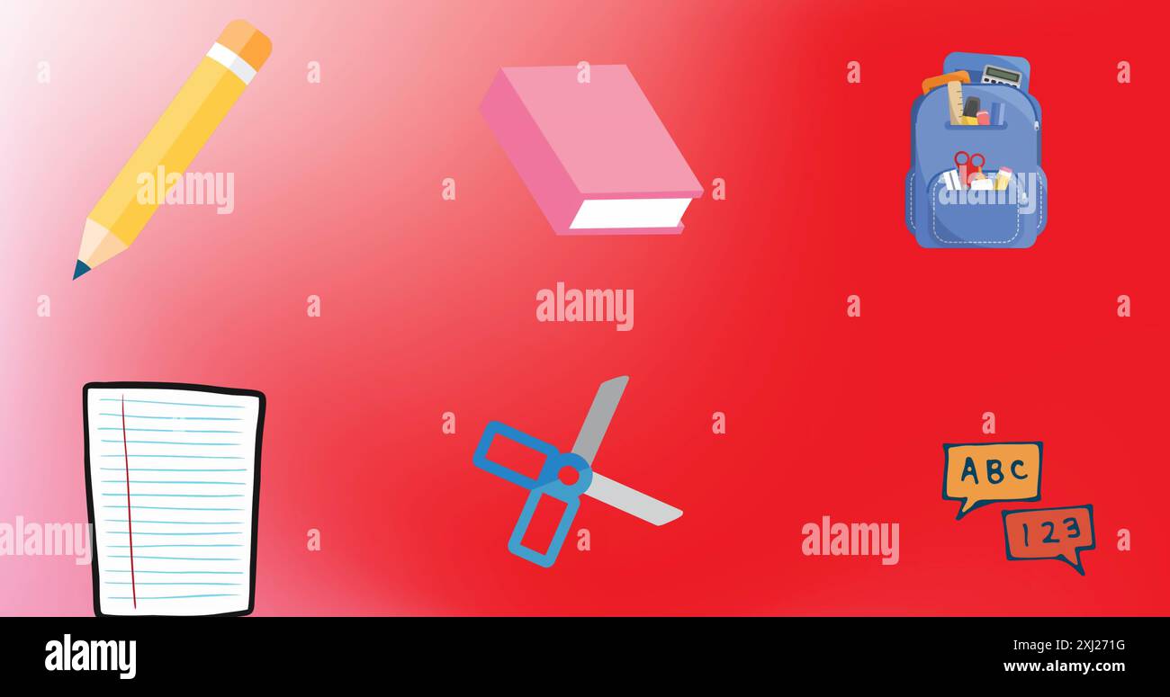 Image of multiple school concept icons against copy space on red ...