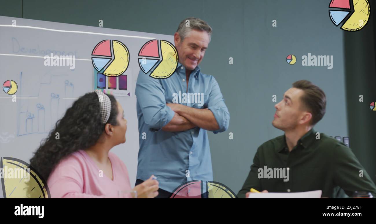 Image of multiple pie graph icons over diverse colleagues discussing ...