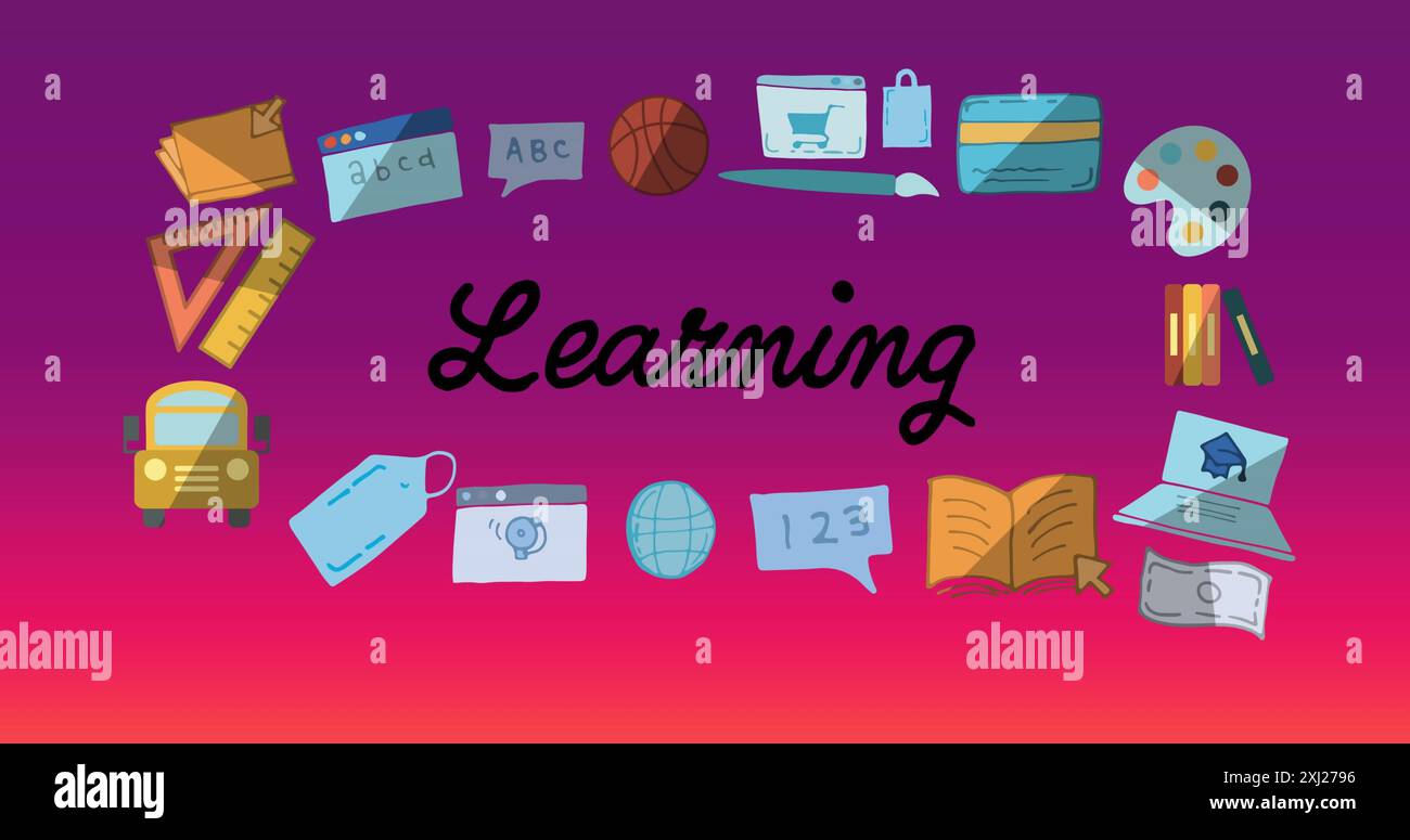 Image of learning text banner and school concept icons against purple ...