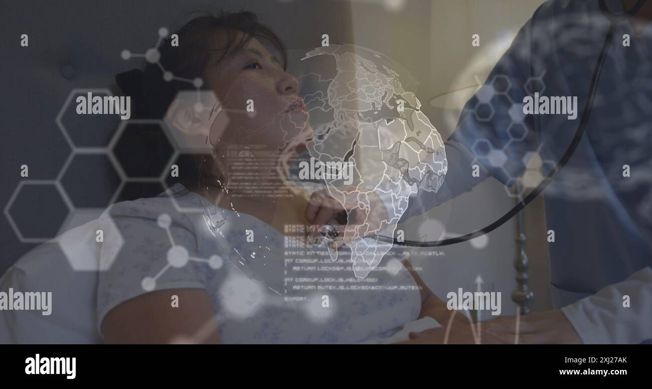 Image of globe and data processing over asian female doctor and female ...