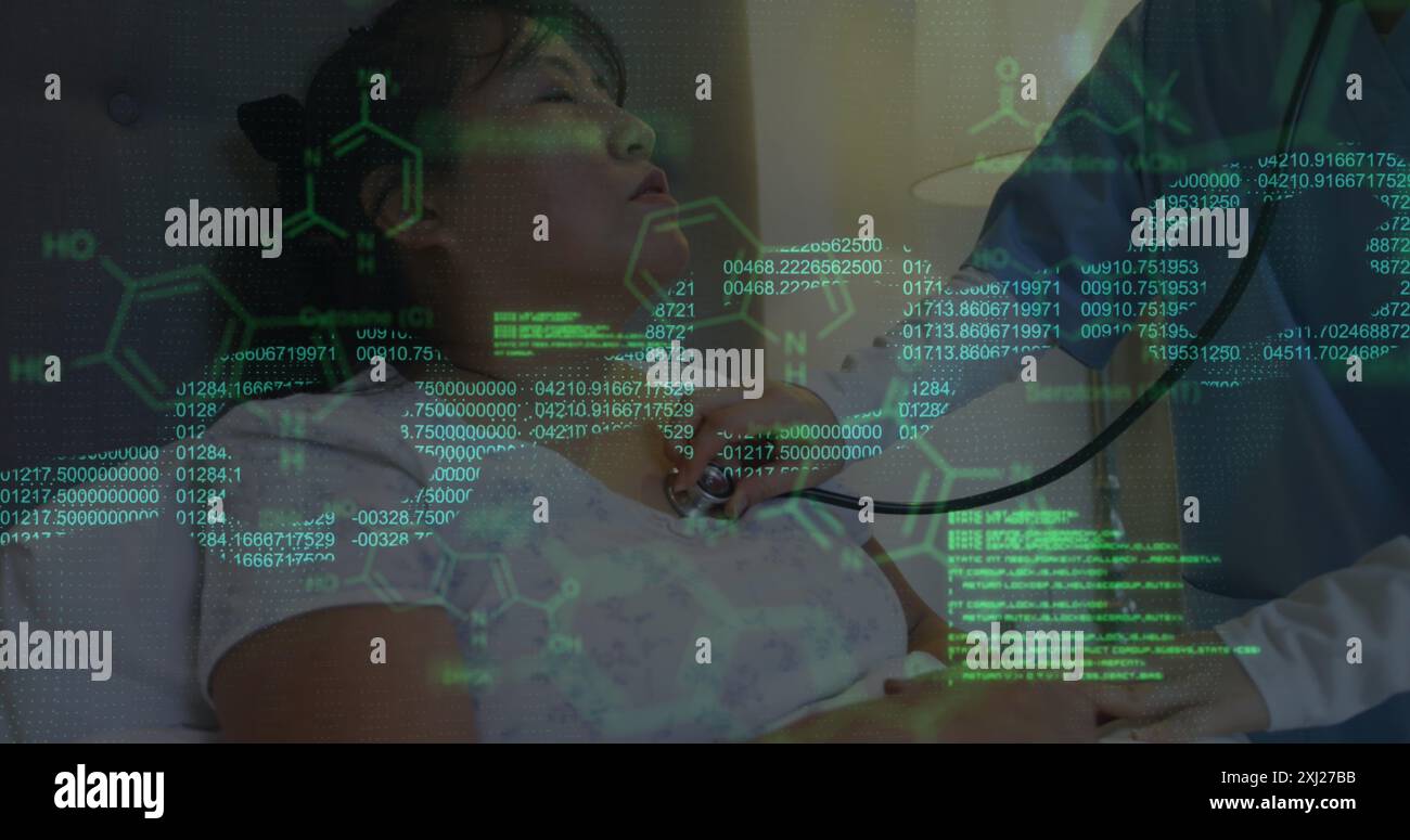 Image of data processing over asian female doctor and female patient. Global healthcare, science ...