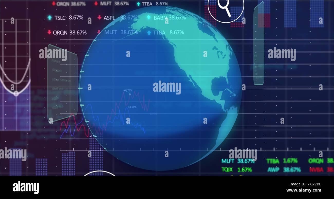 Image of graphs, trading boards and computer language over rotating globe over black background ...