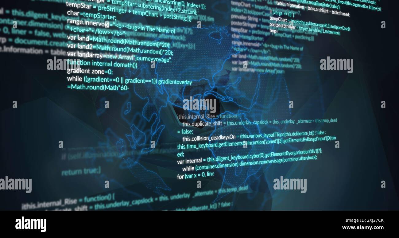 Image of data processing over spinning globe against black background ...