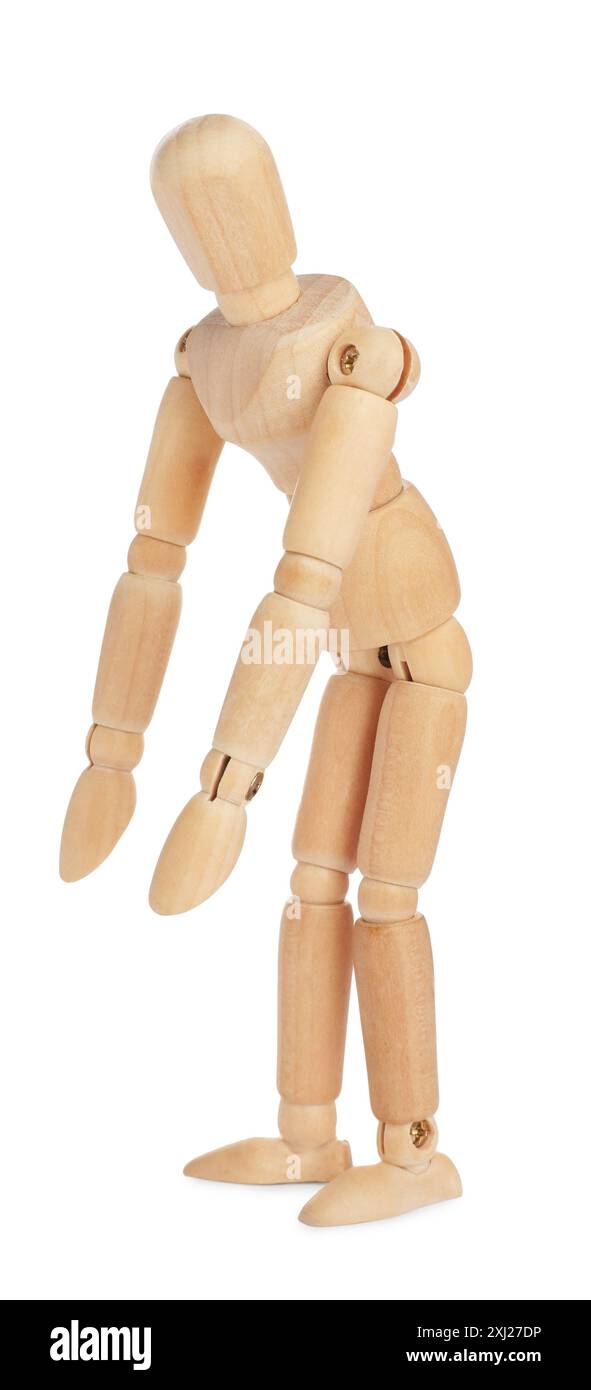 Wooden human model on white background. Mini mannequin Stock Photo - Alamy