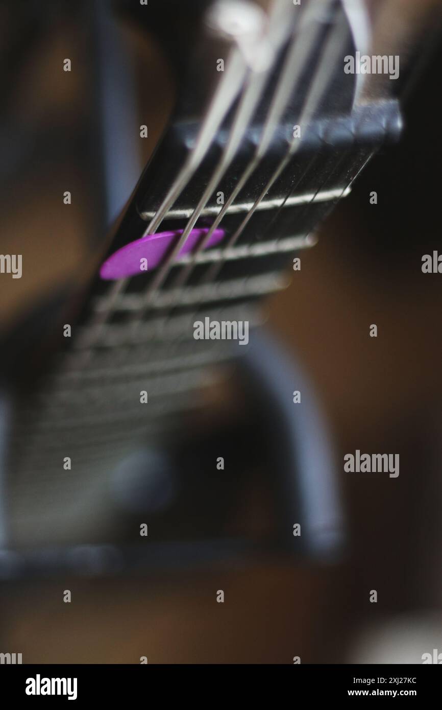 A close-up shot capturing the intricate detail of a pick resting on the ...