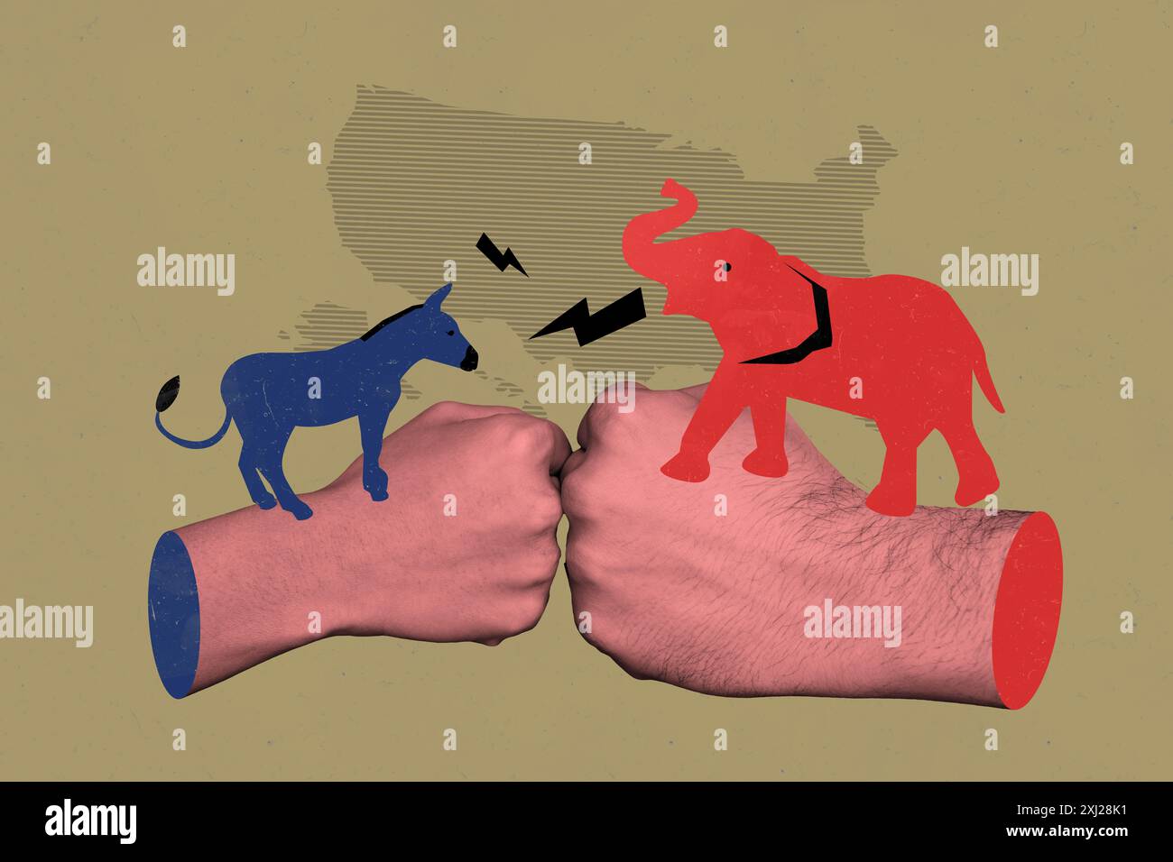 Creative drawing collage image of two hands fist punch with donkey ...