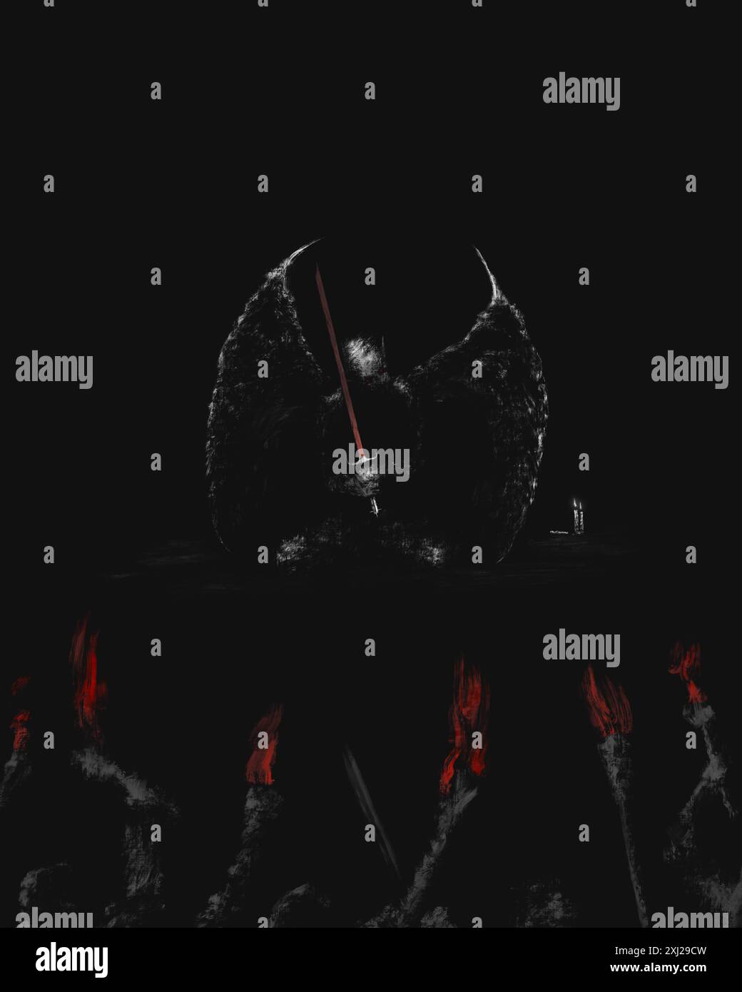 Vampire with sword, people with torches want to burn monster, dark ...