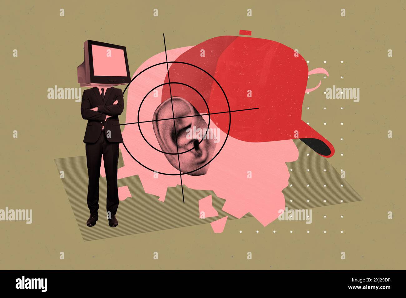 Creative graphics collage image of incognito killer aiming on ear head ...