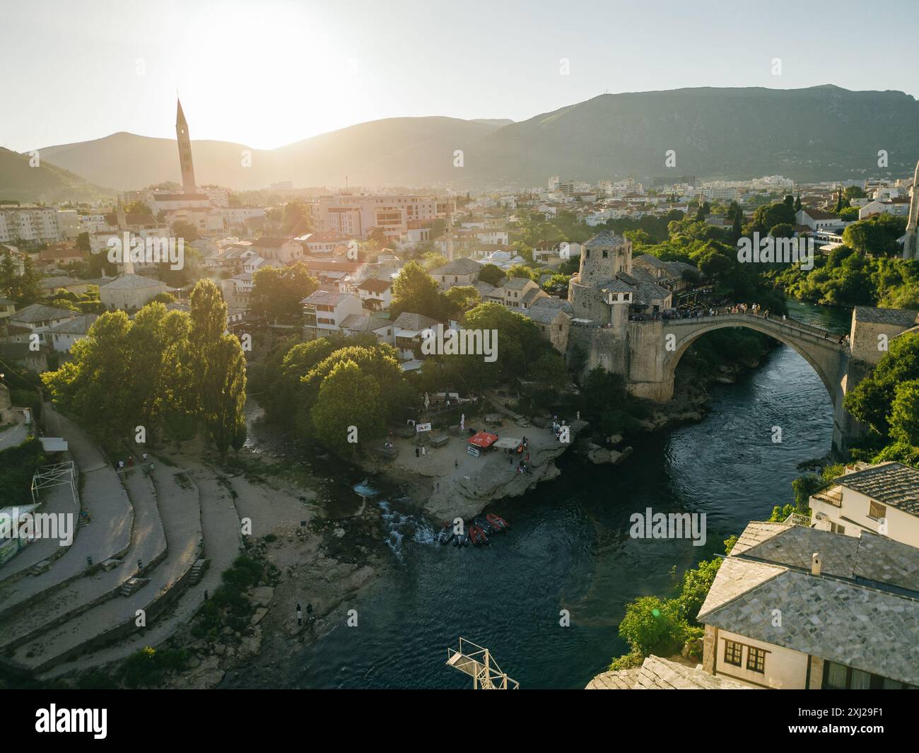 aerial view of the historic town of Mostar with famous Old Bridge ...