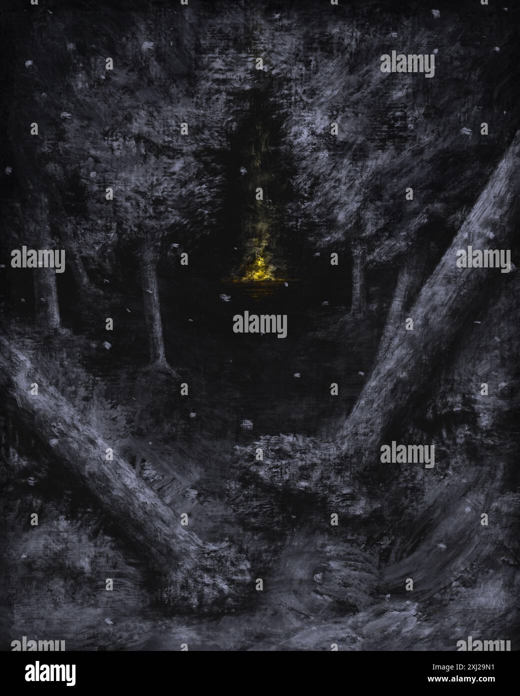 Dark creepy winter forest, fantasy illustration, fire in the woods ...