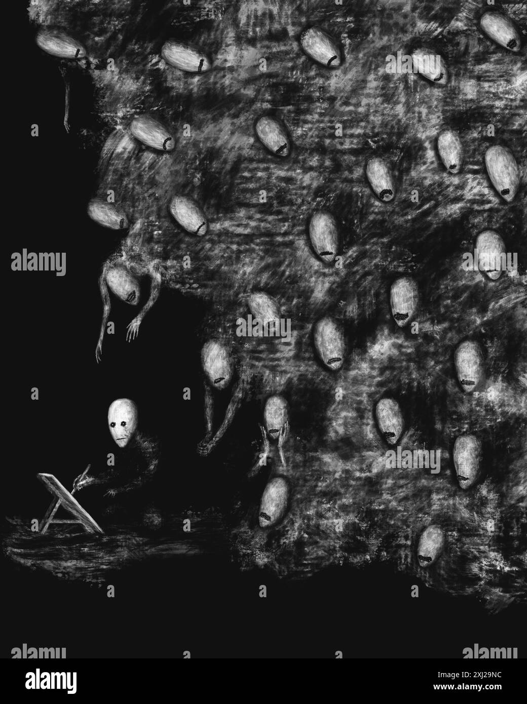 A crowd of people wearing scary masks look at the artist, Dark horror ...