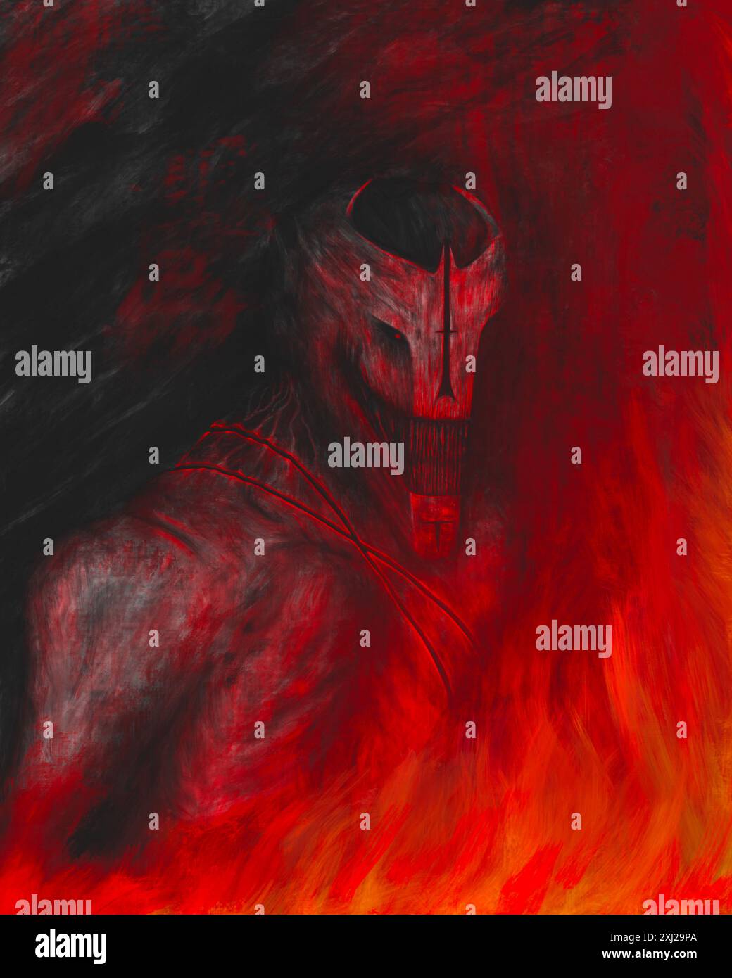 Demonic creature with big scary teeth, horror illustration, fire, blood ...