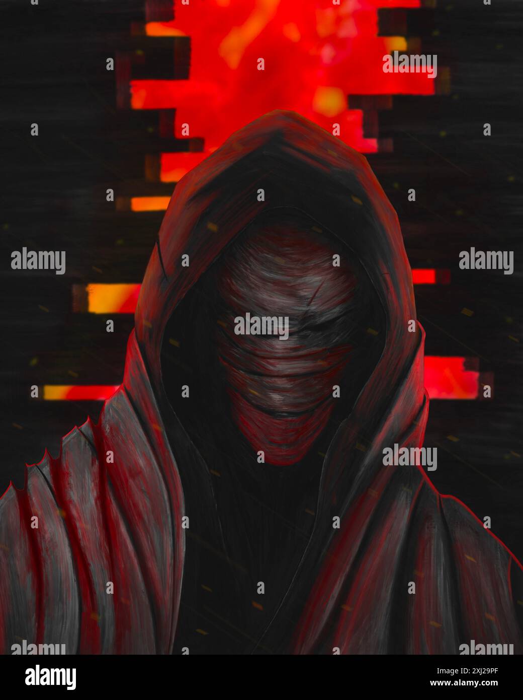 Dark horror hooded character on fire background, sci-fi character illustration Stock Photo - Alamy