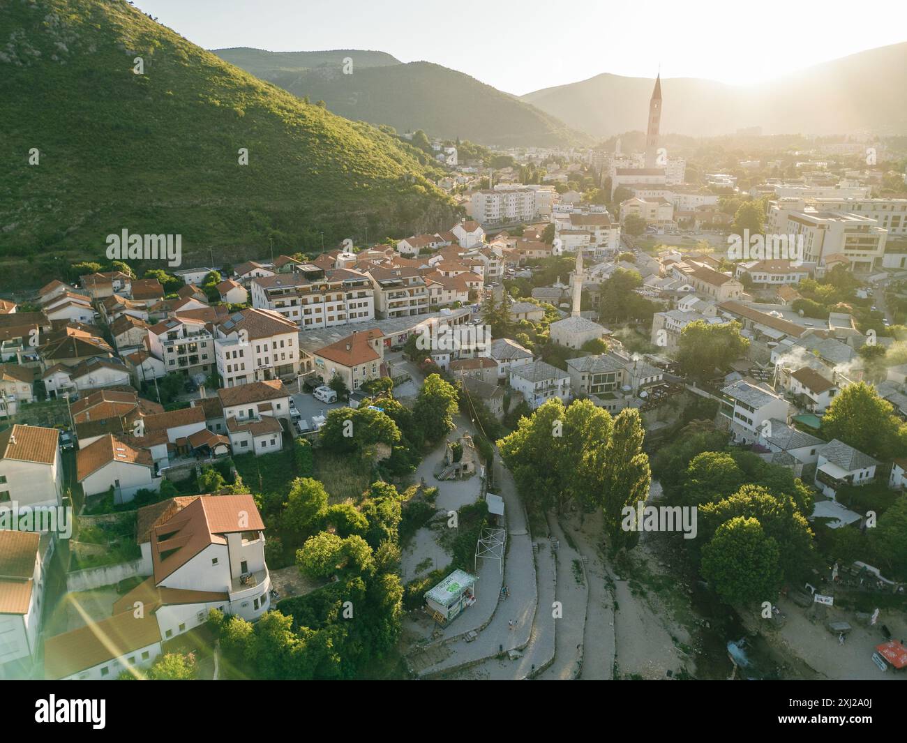 aerial view of the historic town of Mostar with famous Old Bridge ...
