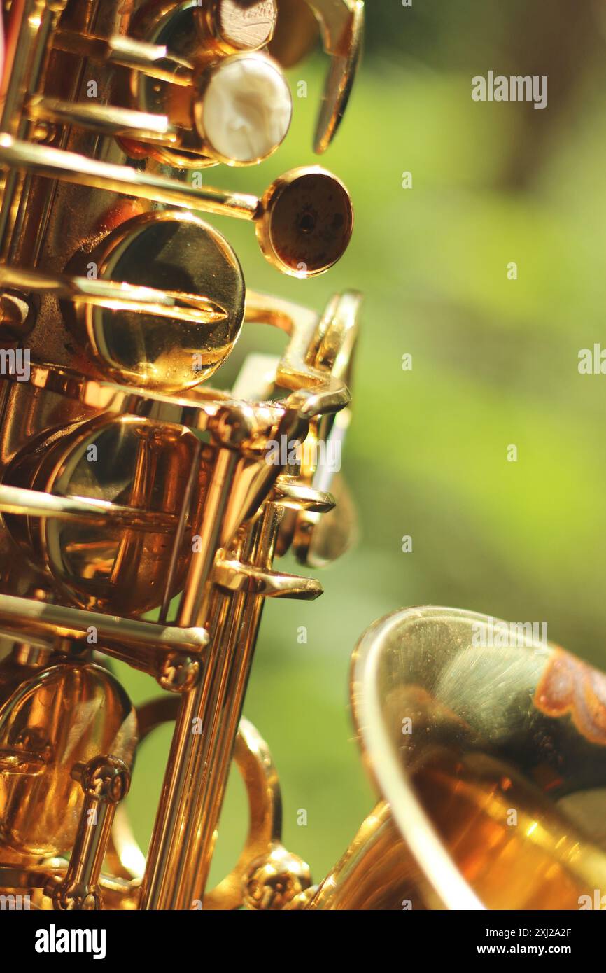 A detailed image focusing on the keys of an alto saxophone, captured ...