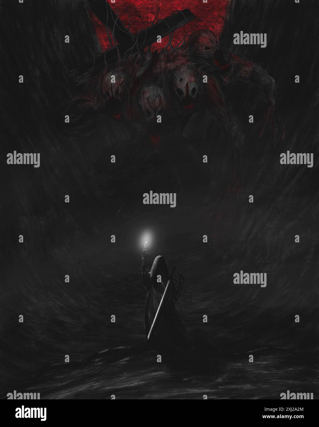 Dark epic illustration hero vs monster, horror artwork, book cover ...