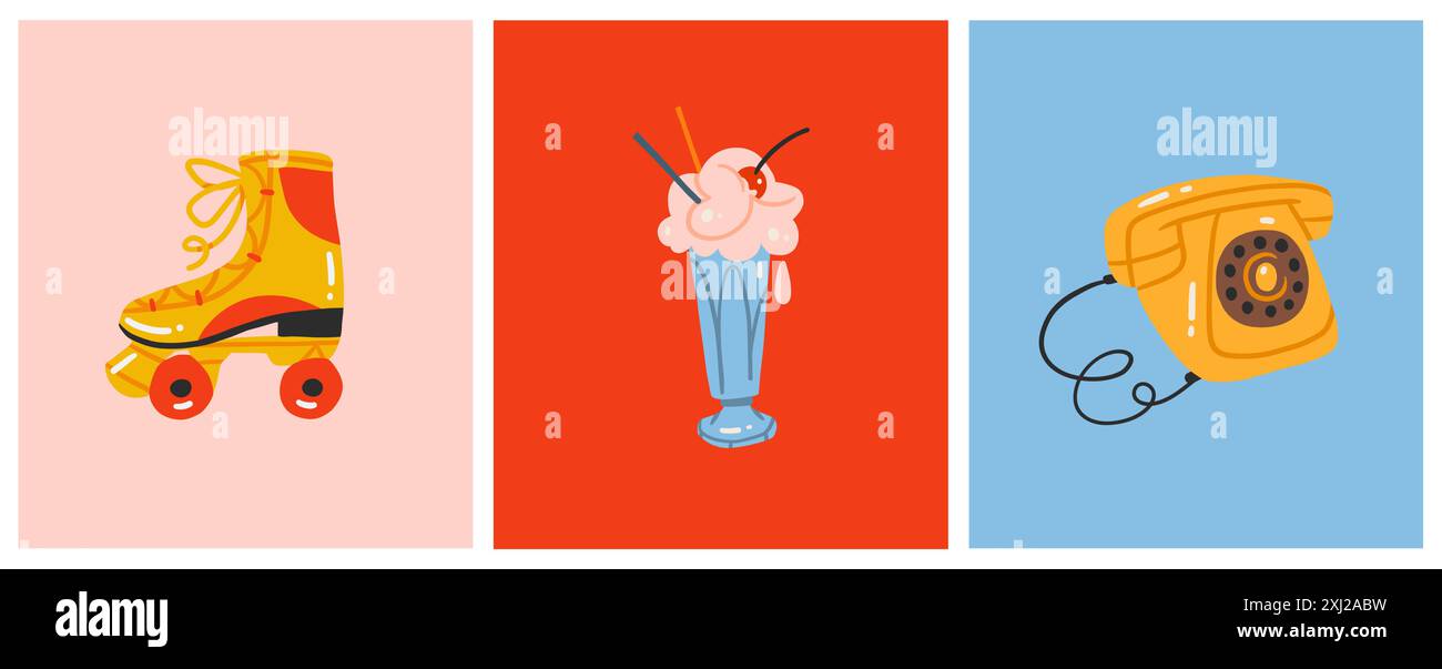 Set of summer retro cartoon 80s-90 snostalgia elements. Hand drawn ...