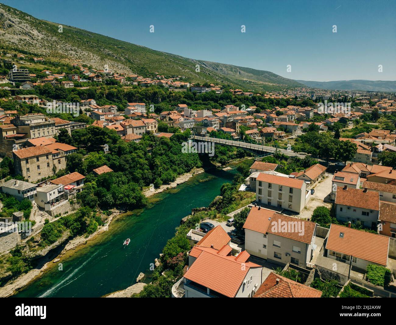 aerial view of the historic town of Mostar with famous Old Bridge ...