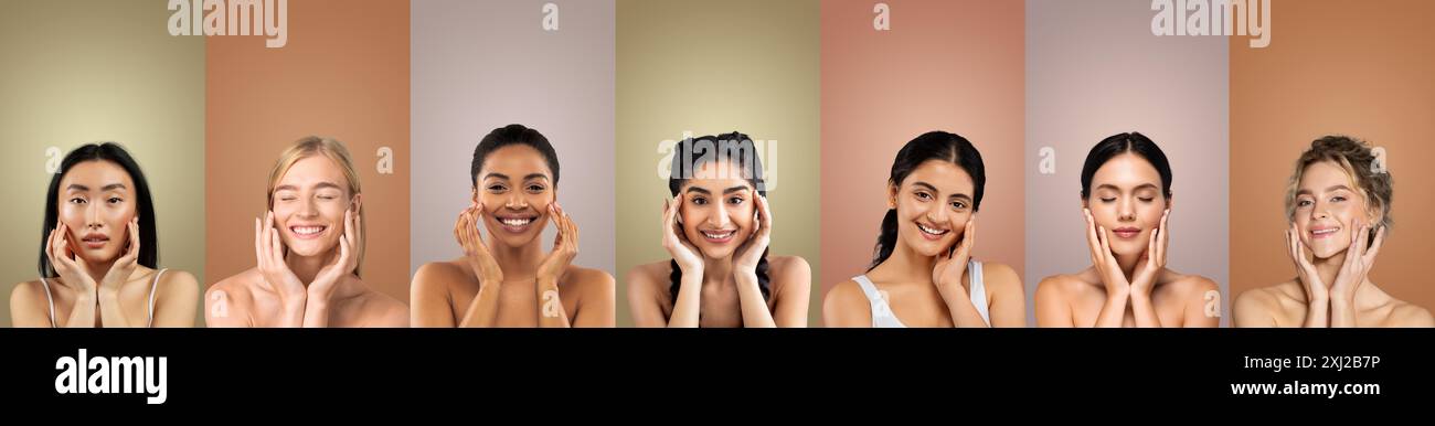 Diverse Group of Women Smiling, Touching Faces Against Colored Backgrounds Stock Photo - Alamy
