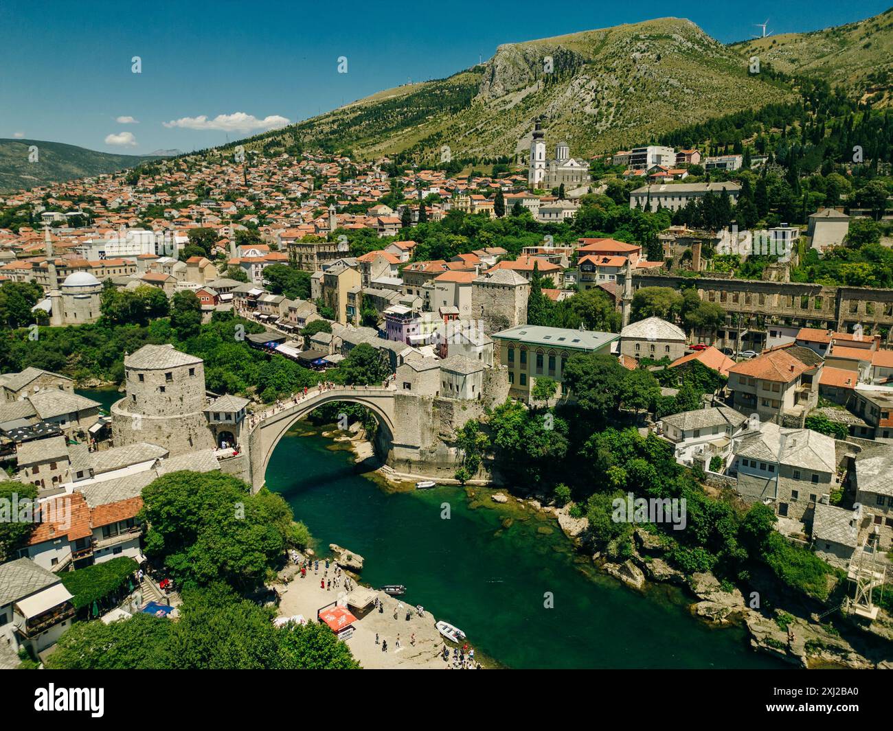 aerial view of the historic town of Mostar with famous Old Bridge ...