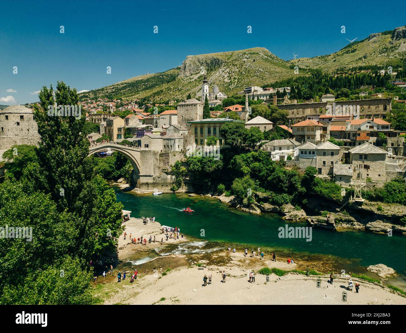 aerial view of the historic town of Mostar with famous Old Bridge ...
