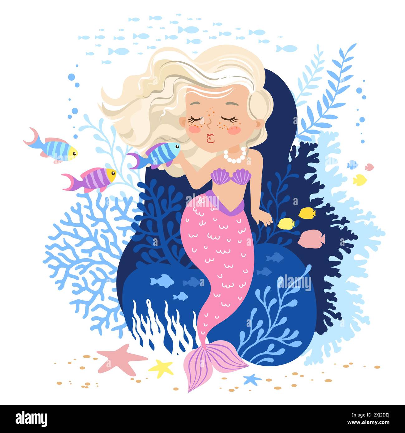 Hand Drown Vector Illustration Of Beautiful Girl Mermaid Underwater Marine Life Of A Coral Reef