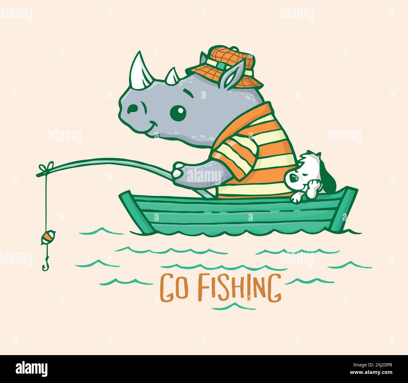 Children's style illustration of a rhino fishing from a boat. Editable ...