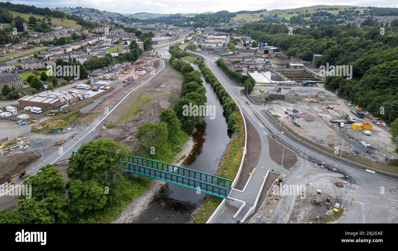 Aerial view of the Hawick flood protection scheme and new footbridge ...
