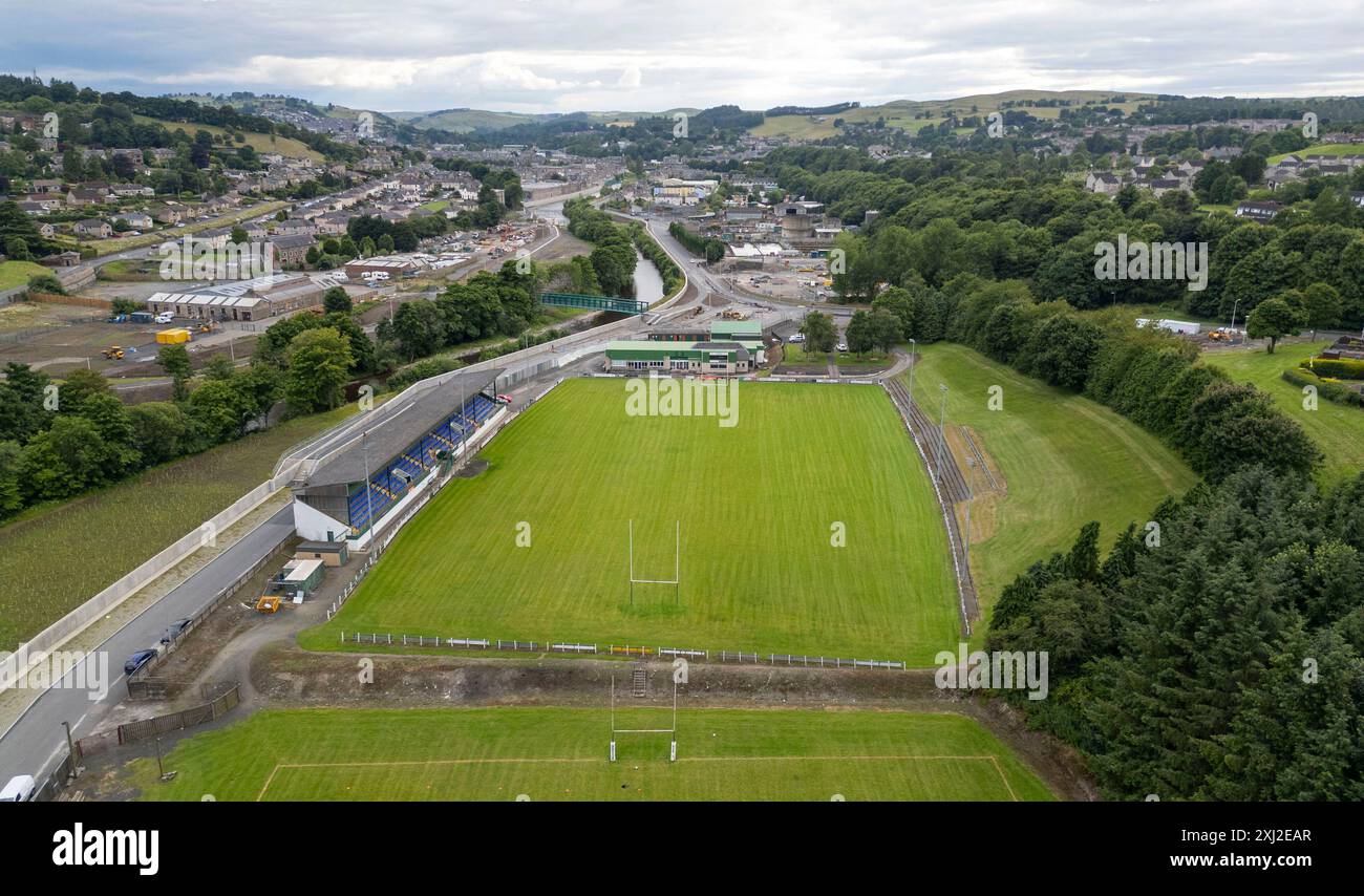 Aerial drone view of Mansfield park home ground of Hawick Rugby ...