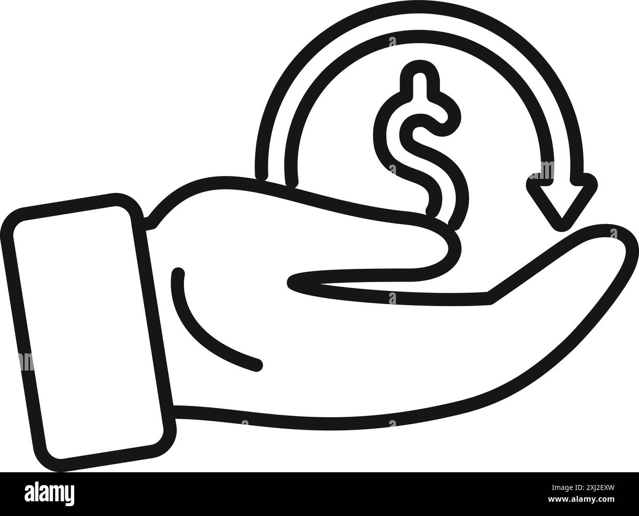 Line art of a hand holding a dollar coin with a rotating arrow ...