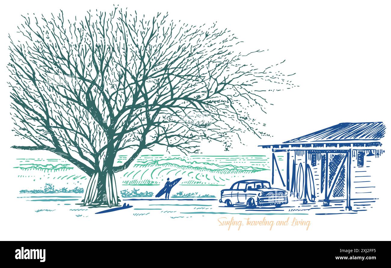 Hand-drawn illustration of coastal landscape with surfer silhouette ...