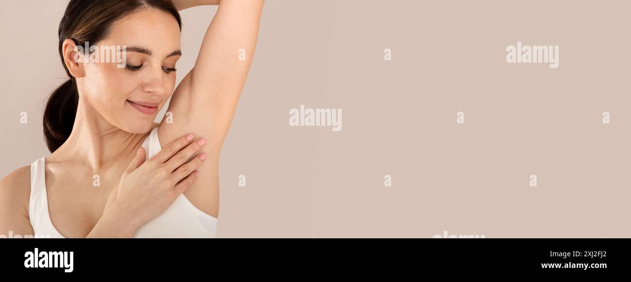 Armpit Depilation. Happy Young Lady Looking At Her Smooth Underarms ...