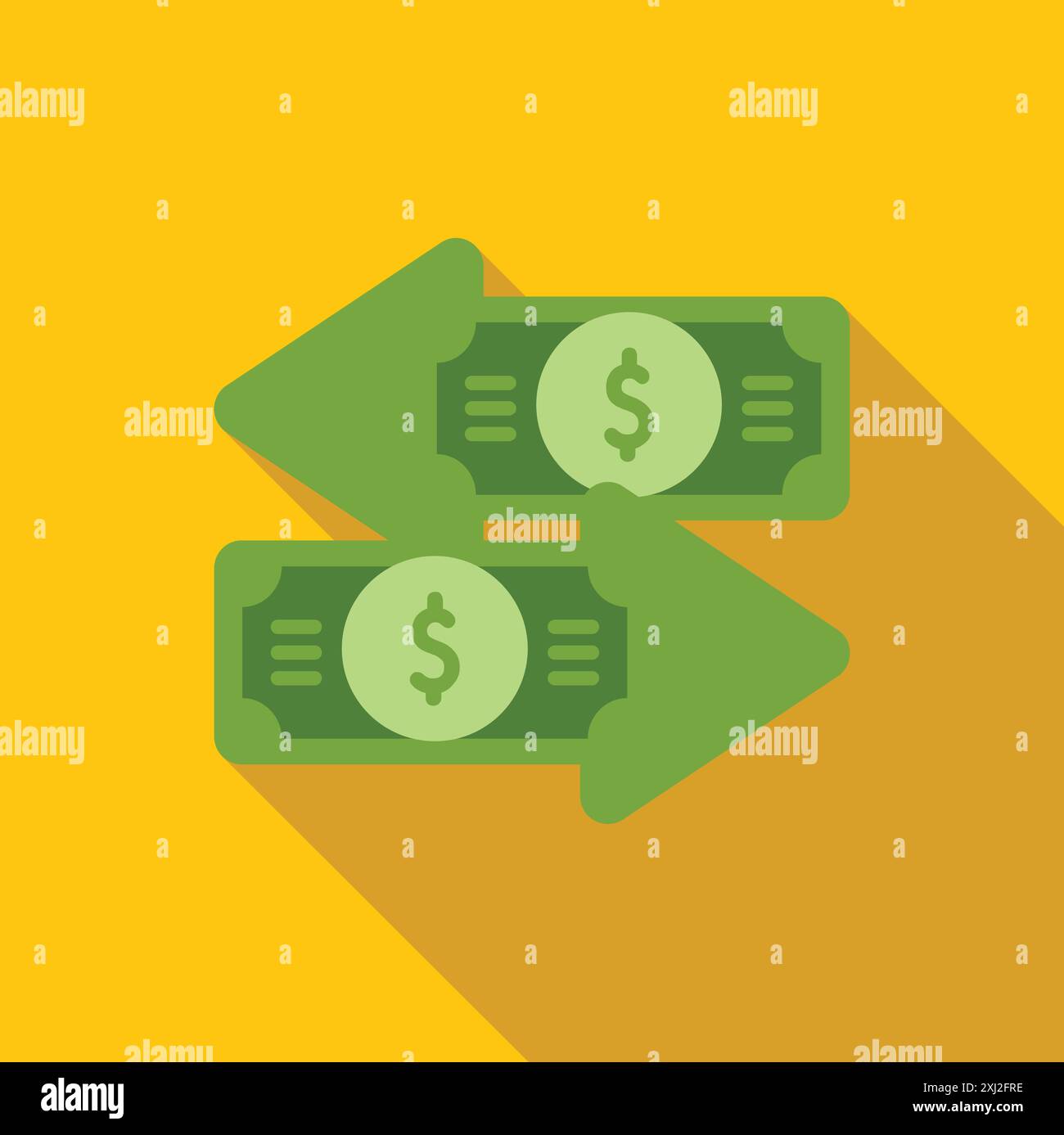 Two green dollar banknotes forming a rotating arrows symbol, depicting ...