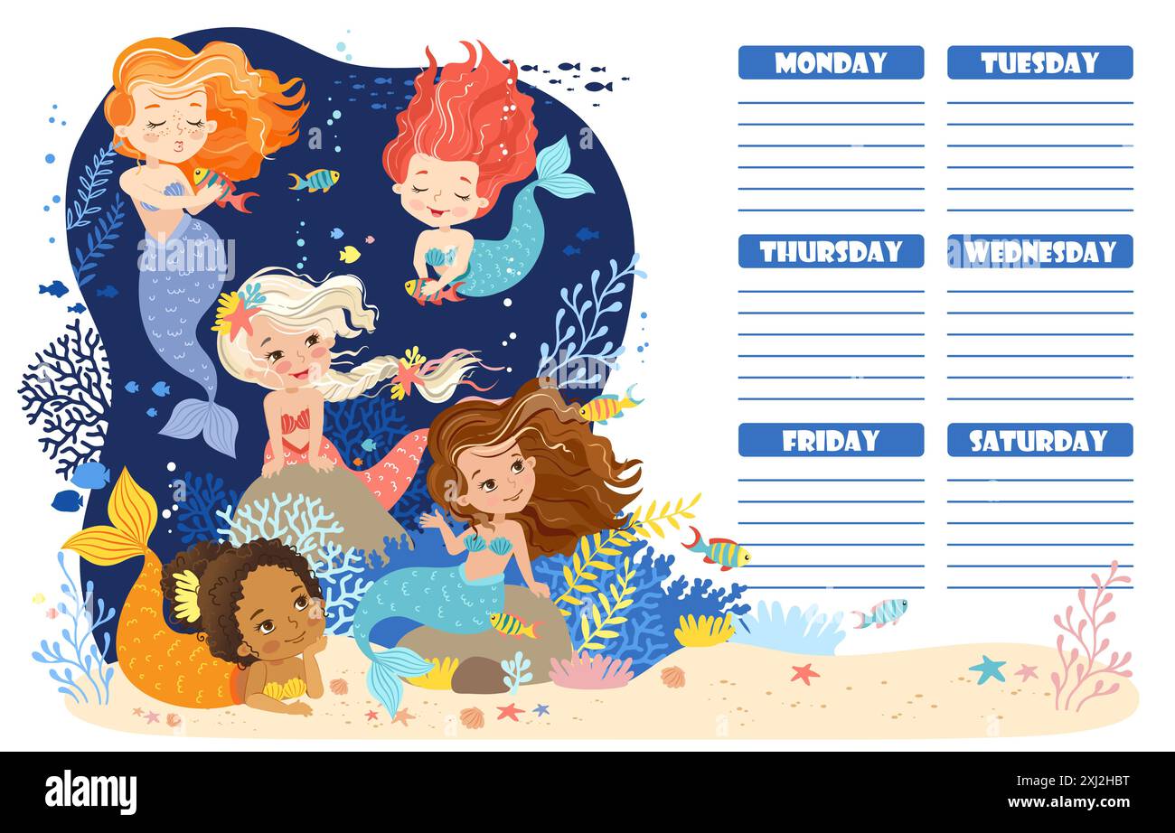 Hand drawn vector illustration of a cute mermaids in the underwater ...
