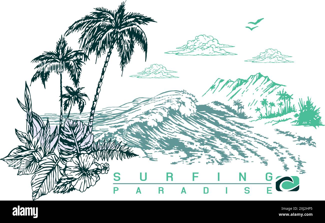 Beautiful vector illustration of coastal landscape with text related to ...