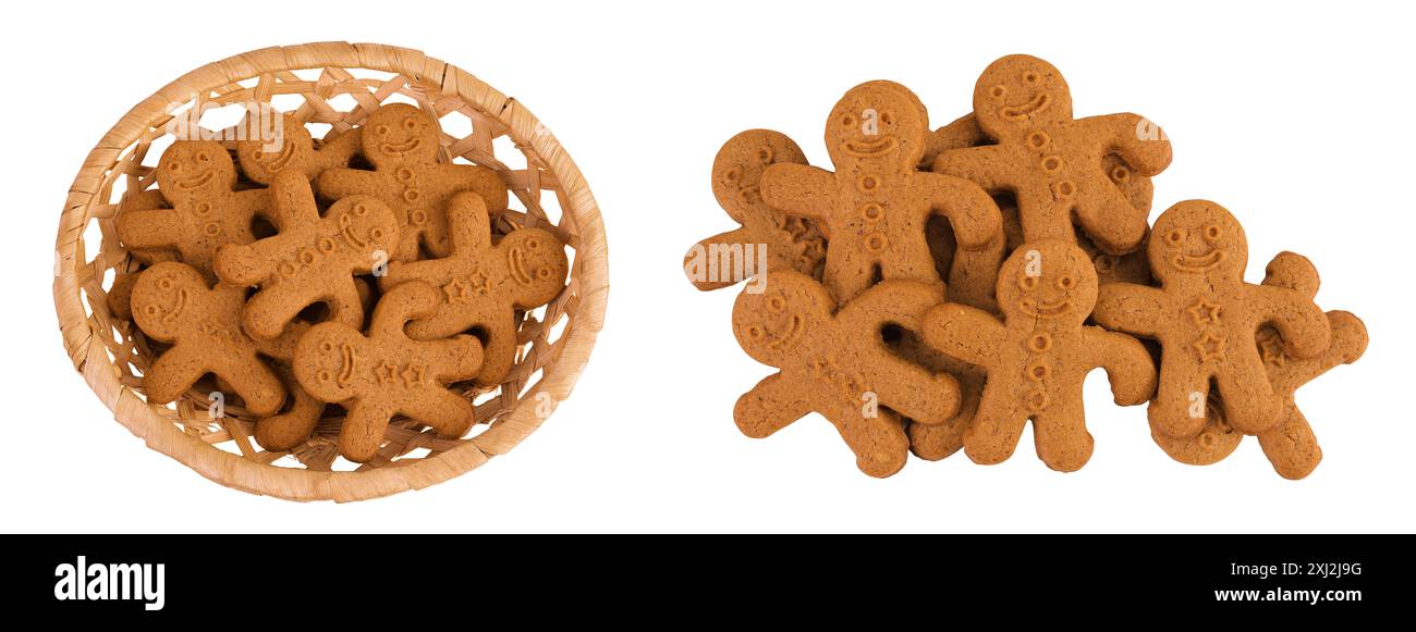 Gingerbread man in a wicker basket isolated on white background. Top ...