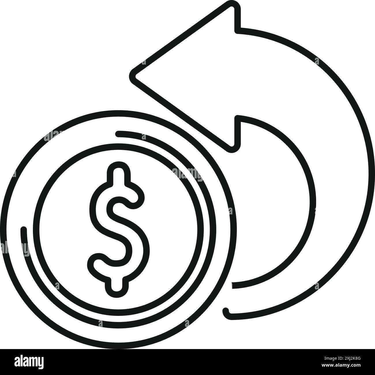Line art style icon of a rotating arrow encircling a dollar coin ...