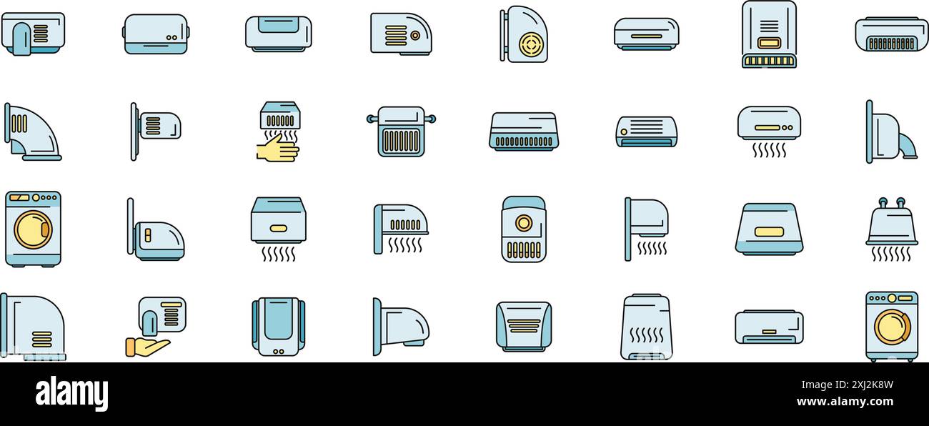 Automatic drying machine icons set outline vector. Air bathroom. Clean blower thin line color ...