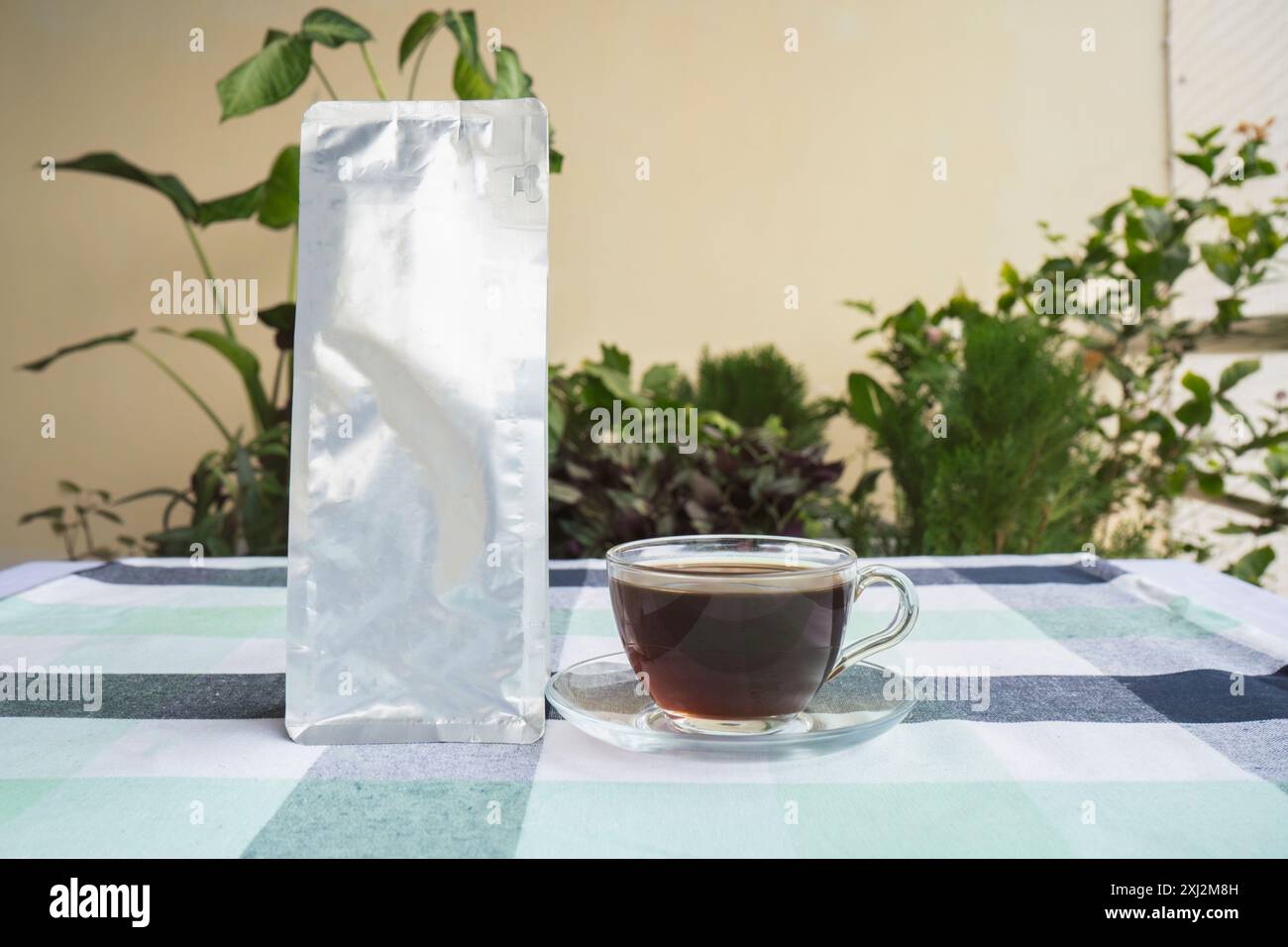 Coffee Pouch Packet Mockup with Espresso Americano and Cofee Beans ...