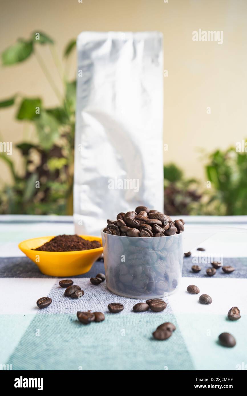 Coffee Pouch Packet Mockup with Espresso Americano and Cofee Beans ...