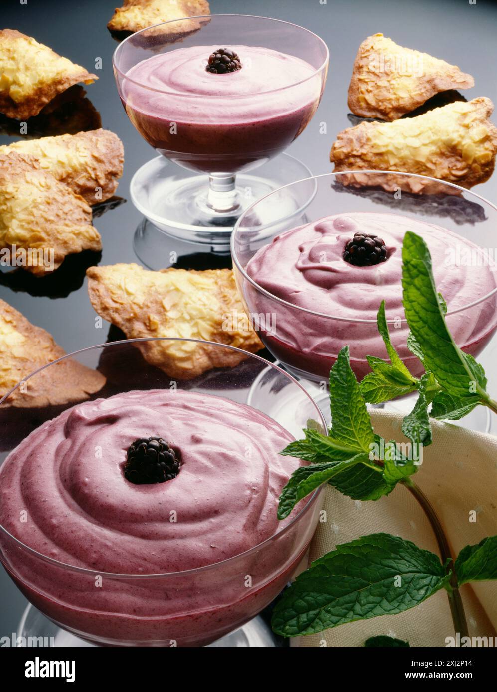 Blackberry fools with almond tuile biscuits Stock Photo - Alamy