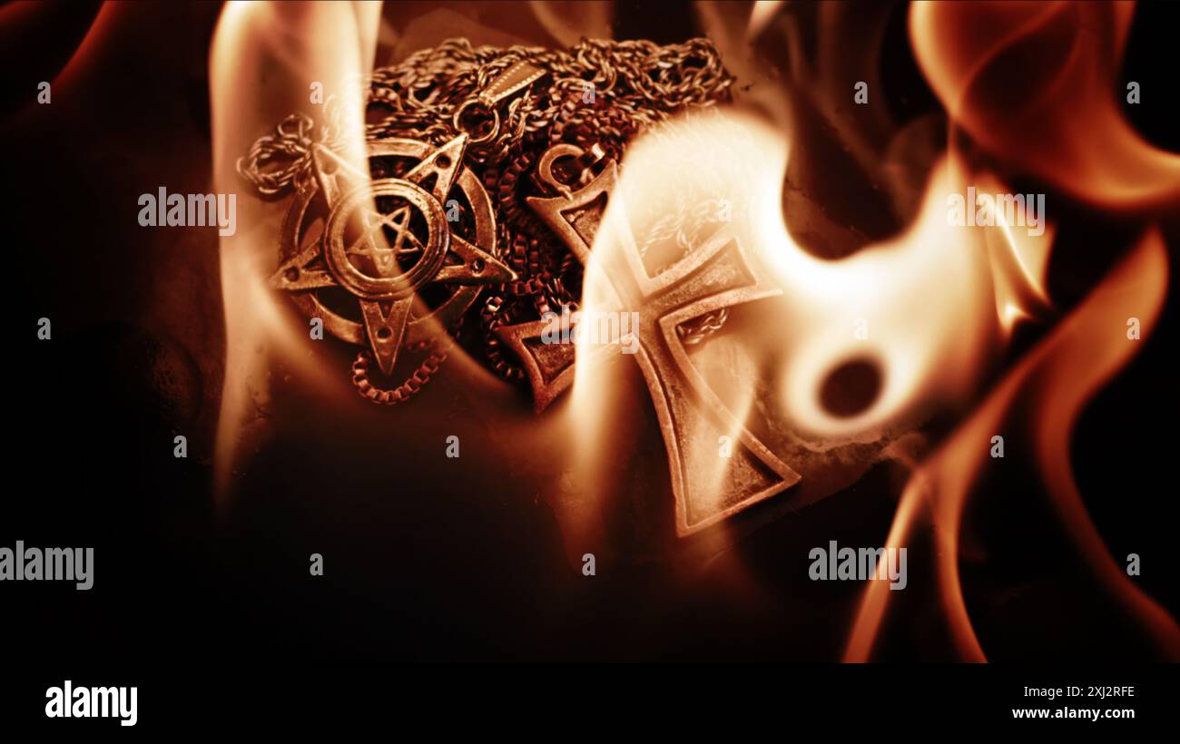 Spiritual Pentagram and Cross Religion Symbol in Fire Stock Photo - Alamy