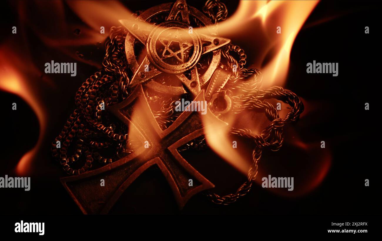 Spiritual Pentagram and Cross Religion Symbol in Fire Stock Photo - Alamy