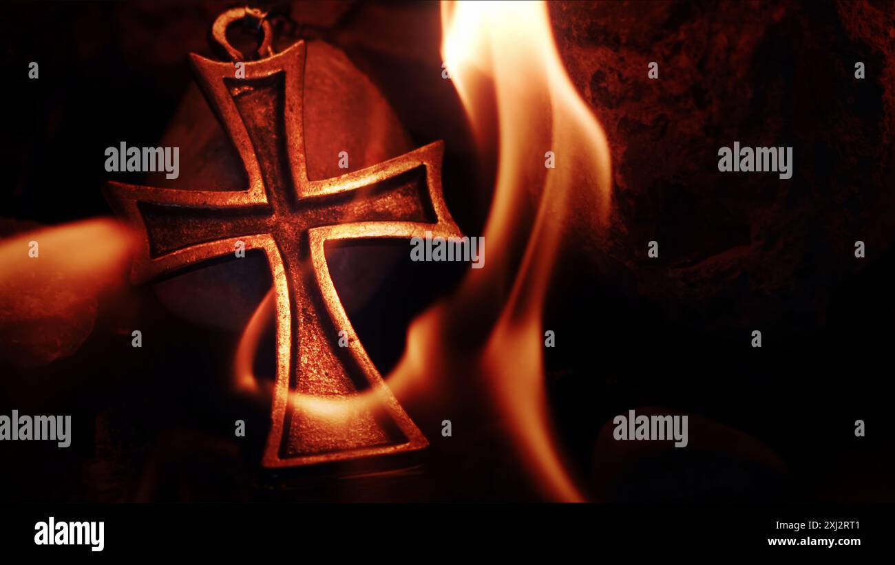 Christianity Religion Symbol Cross in Fire Stock Photo - Alamy